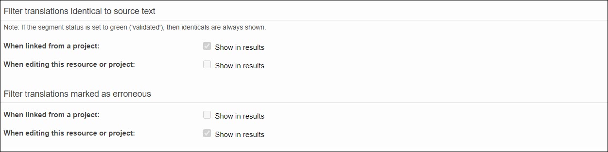 Translation memory - Default search settings